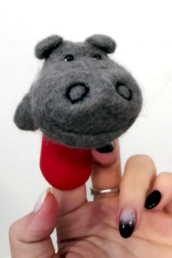 Hippo in red pants finger wool puppet. | Etsy