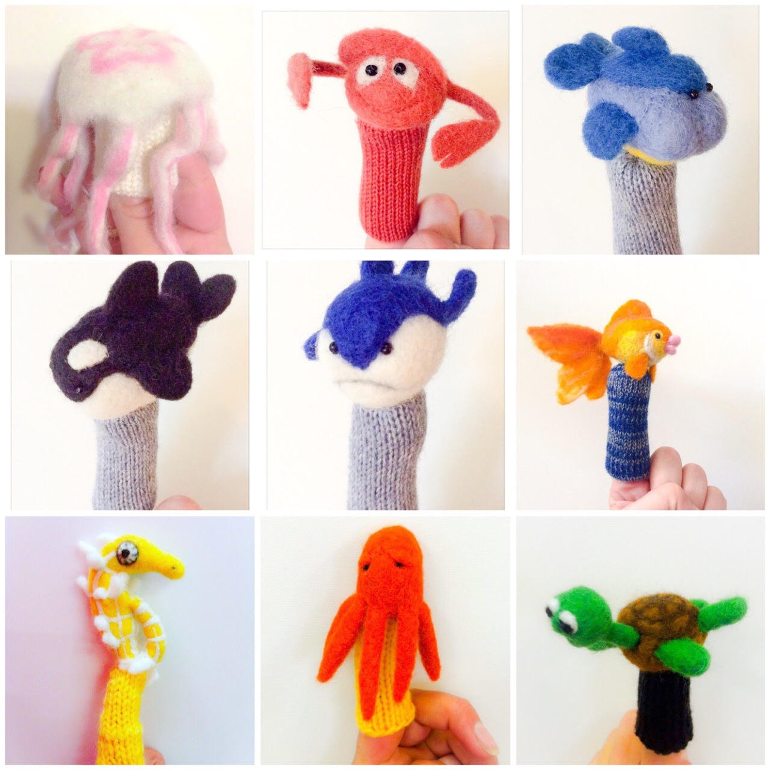 Animals of the Seas and Oceans 9 Finger Wool Puppets. - Etsy