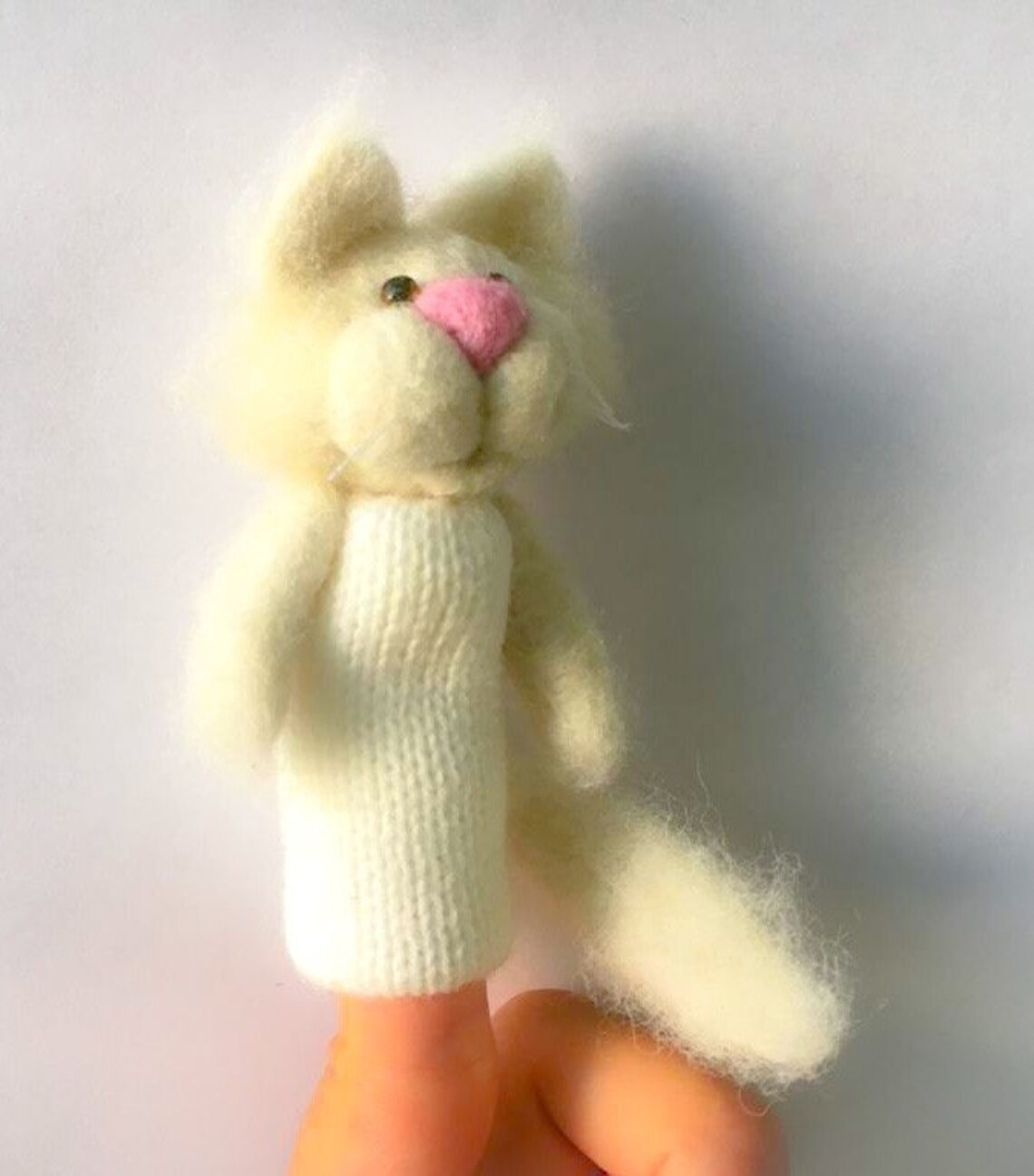 White cat finger wool puppet. | Etsy