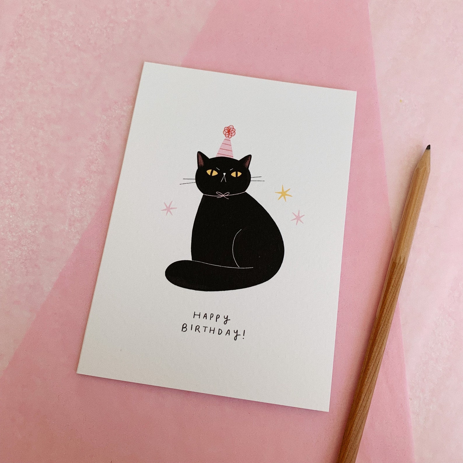 Happy Birthday Cat Card / Illustrated Cat Greetings Card, Black Cat ...