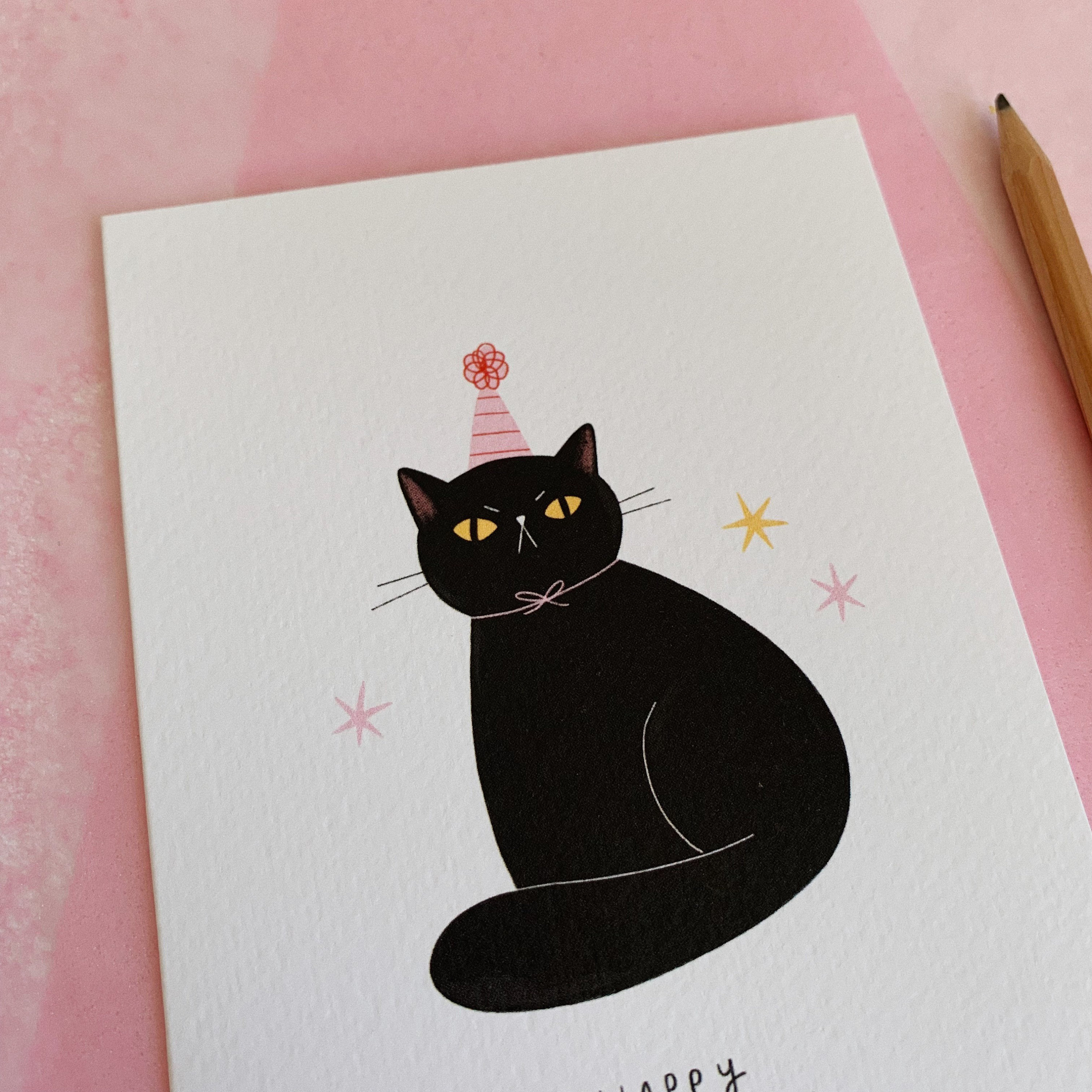 Happy Birthday Cat Card / Illustrated Cat Greetings Card, Black Cat ...