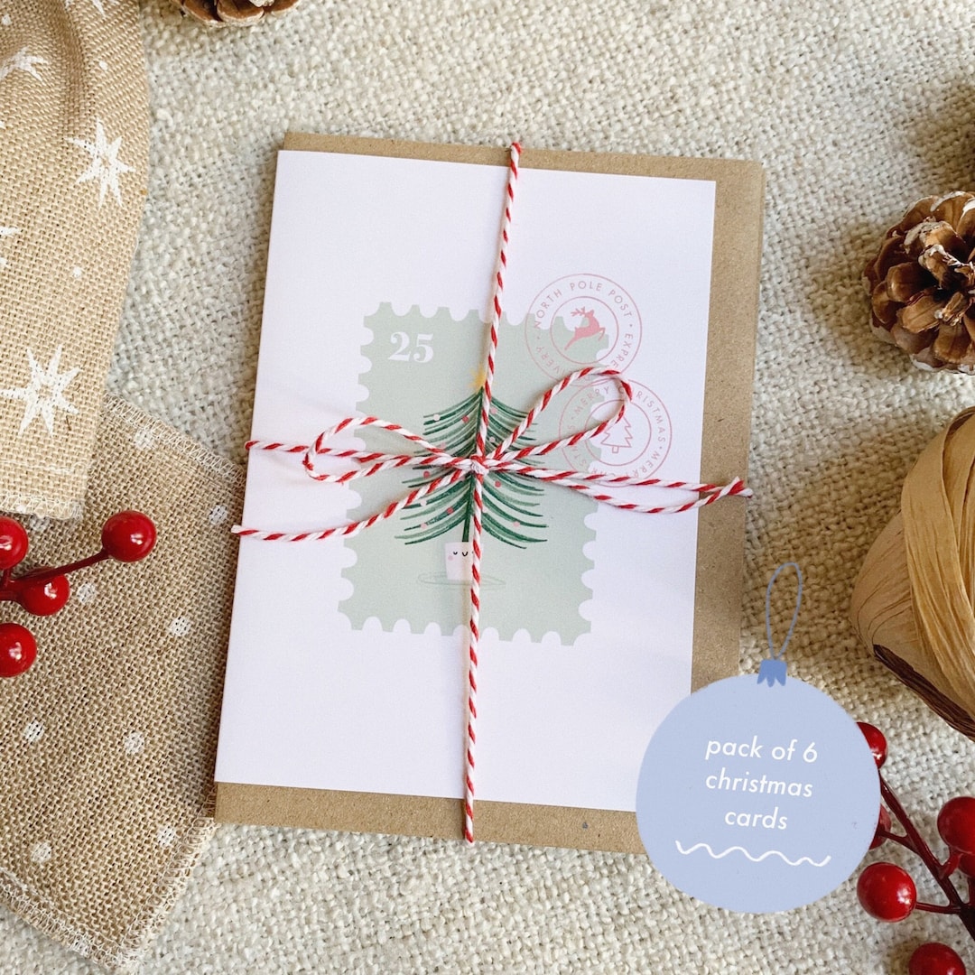 Festive Postage Stamp Christmas Cards Set of 6 / Illustrated Festive ...