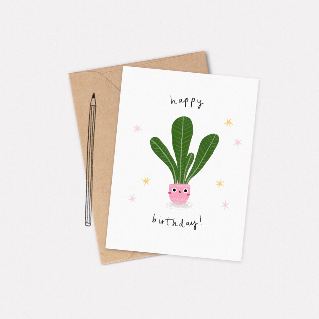 Happy Birthday Plant Card / Illustrated Plant Greetings Card, Cute ...
