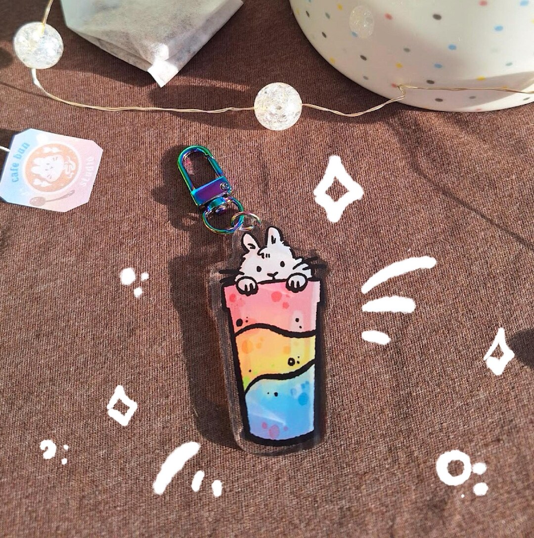 Rainbow Slush Bun - Café Drink Bunny Acrylic Keychain | Adorable Charm ...