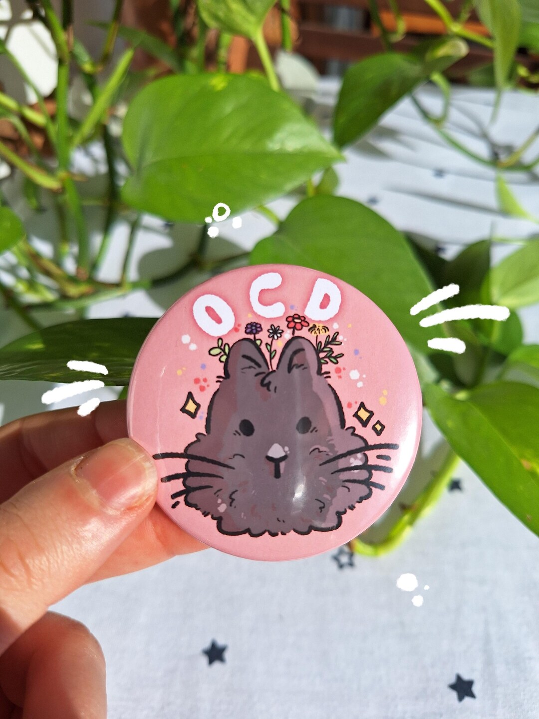 OCD Bunny Button Pin | Cute Mental Health Rabbit Art Badge, Adorable ...