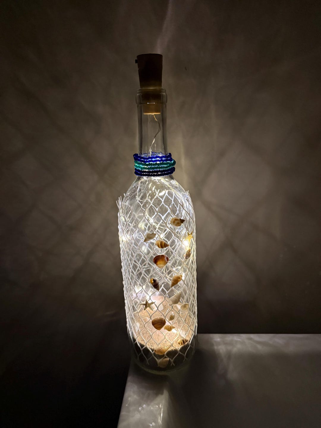 Ocean Themed Glass Wine Bottle Fairy Light Lamp With Seashells Sand Net ...
