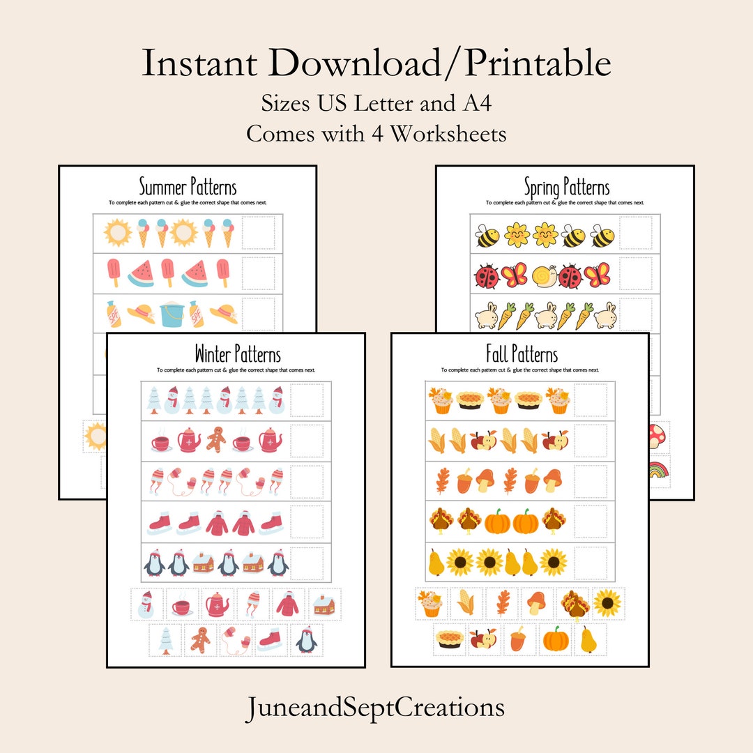 Seasonal Patterns Worksheets, Instant Download, Spring, Summer, Fall ...