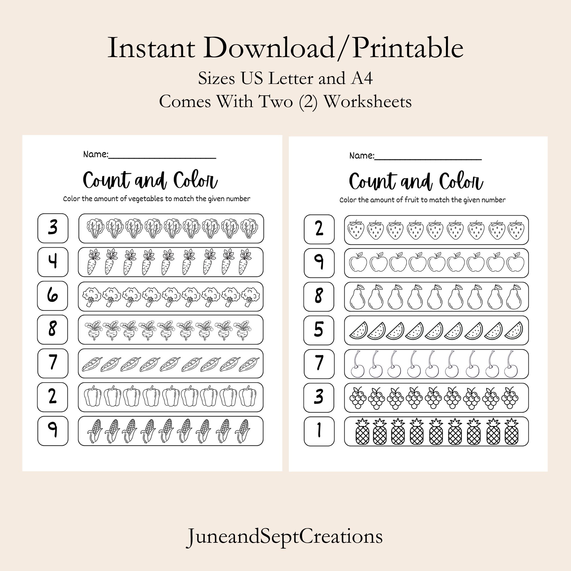 Printable Count and Color, Kids Counting, Kids Worksheet, Math, Instant ...