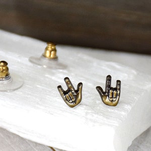 Teeny Tiny American Sign Language Post Earrings - Antique Gold - Dainty ...