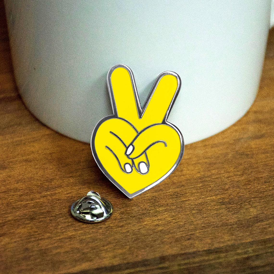 Love and Peace enamel Pin yellow peace sign fingers and heart | Etsy