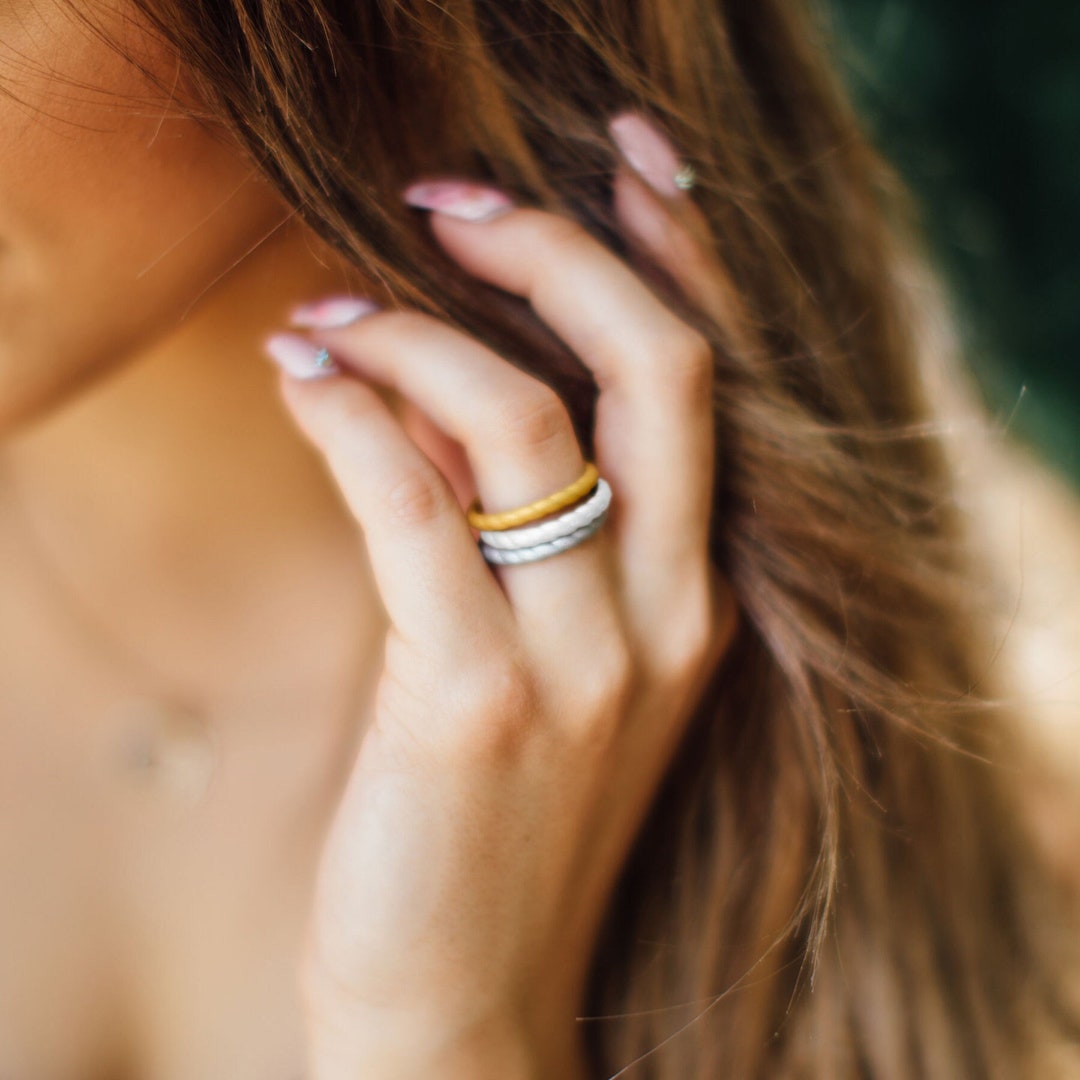 Stackable Silicone Ring Set Metallic 3-tone Silver, Gold, White ...