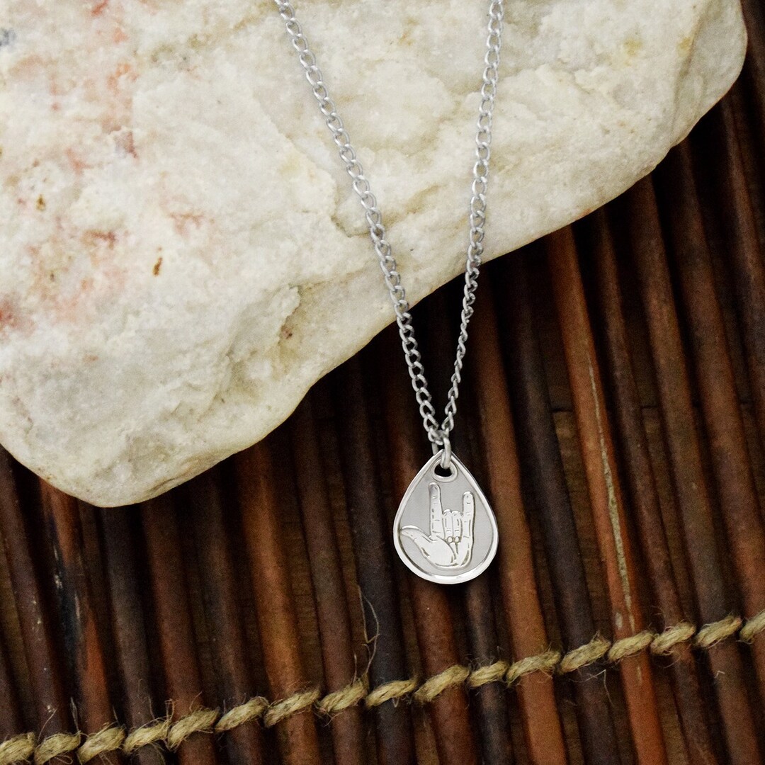 I Love You Sign Language Tear Drop Dainty Pendant Necklace Silver ...