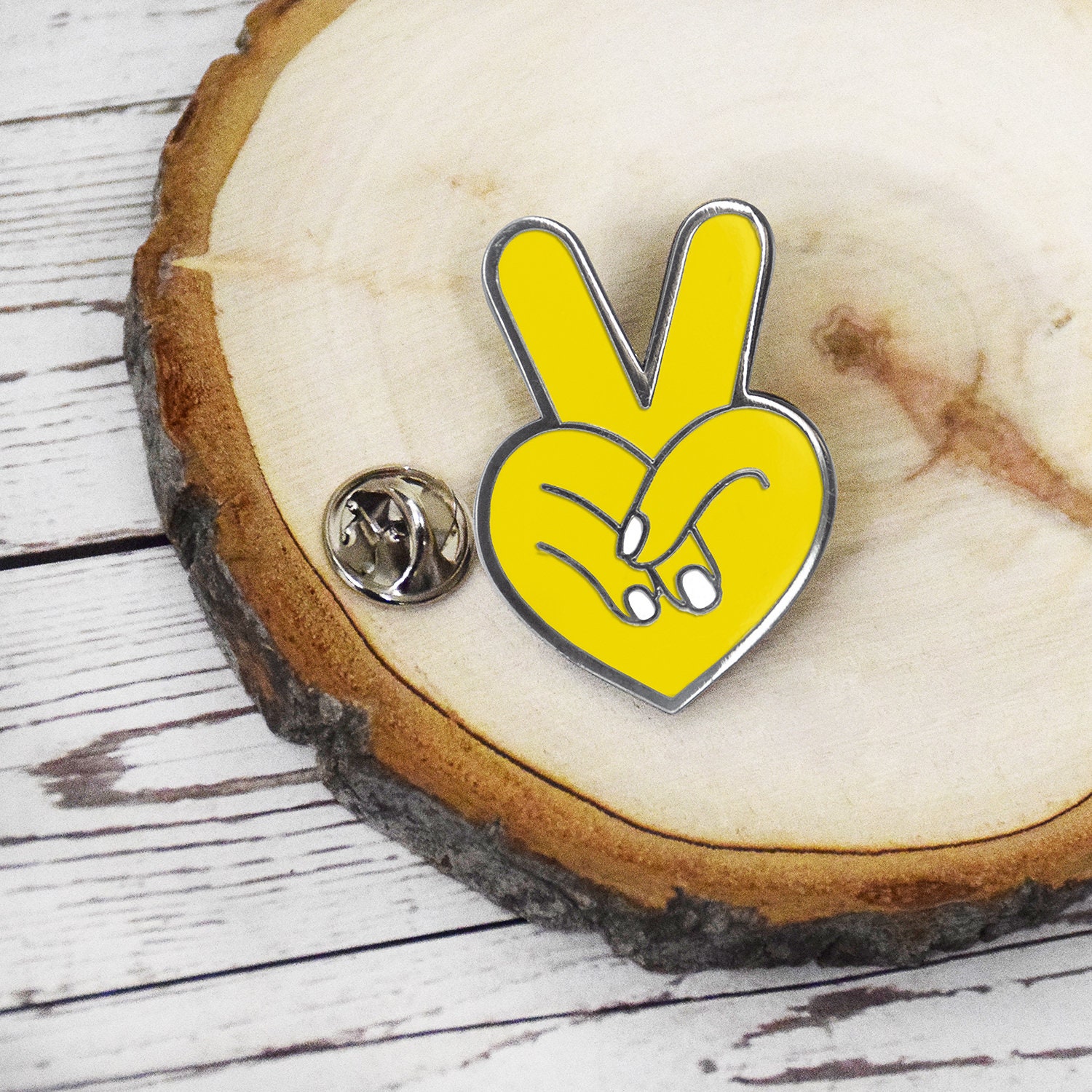 Love and Peace enamel Pin yellow peace sign fingers and heart | Etsy