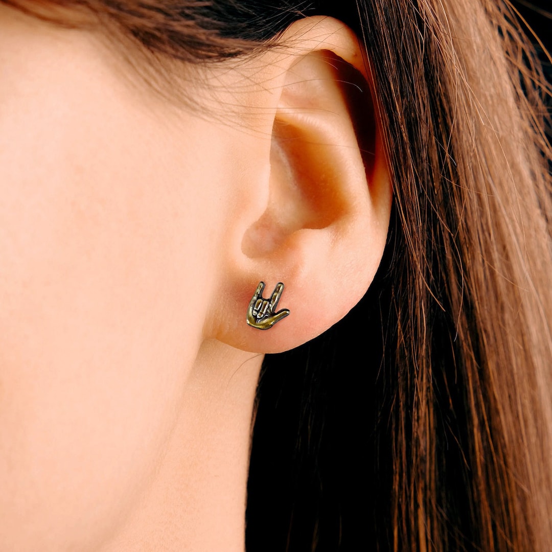Teeny Tiny American Sign Language Post Earrings - Antique Gold - Dainty ...