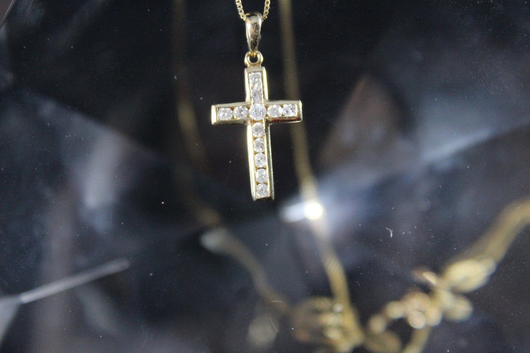 14k Yellow Gold Channel Set Diamond Cross Pendant Necklace - Etsy