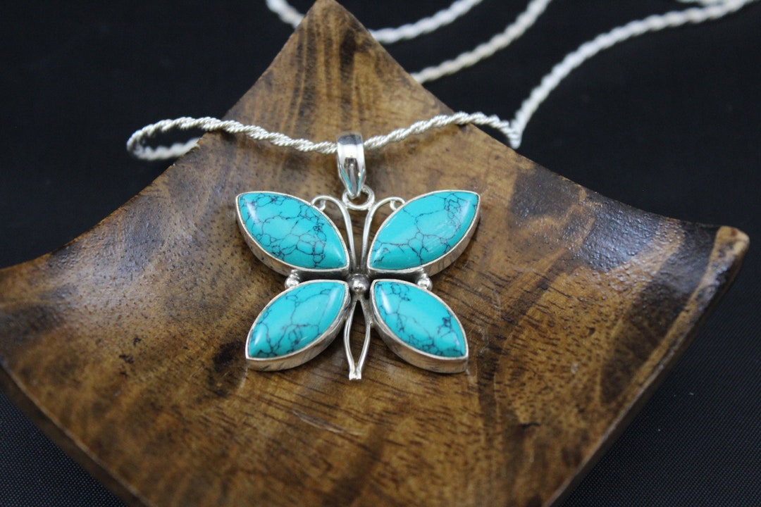 Sterling Silver and Genuine Turquoise Butterfly Pendant Necklace - Etsy