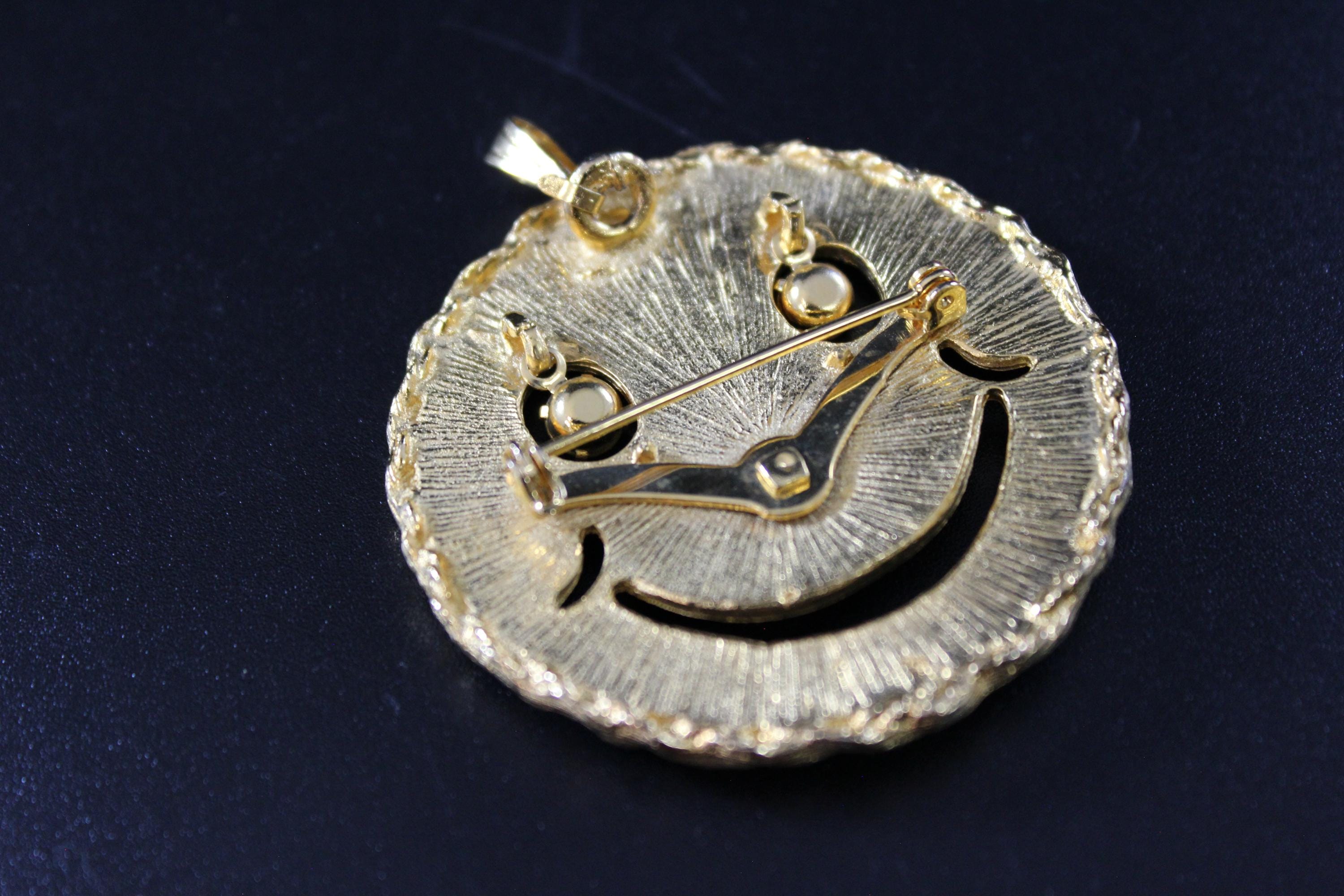 Vintage Estate Gold Tone Florentine Finish Smiley Face Rhinestone Pin ...