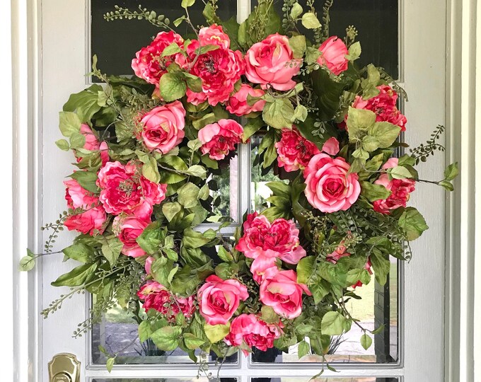 Large Wreath for Front Door | Front Door Wreath | Rose Wreath | Summer ...