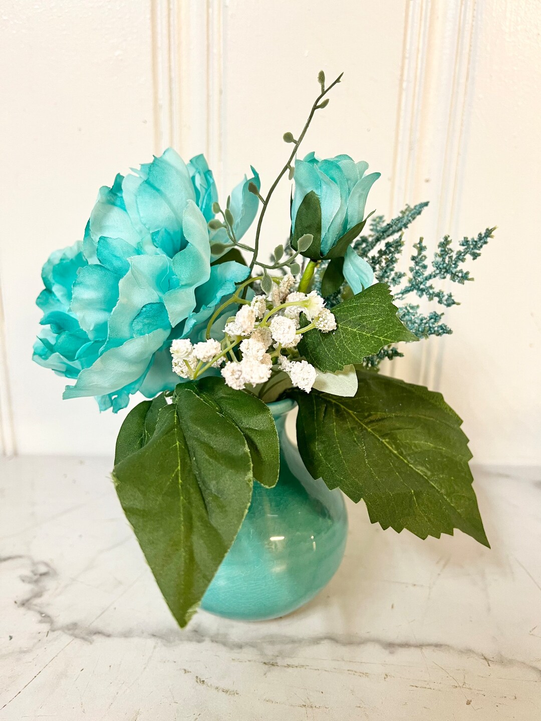 Small Turquoise Teal Peony Babies Breath Faux Silk Artificial - Etsy