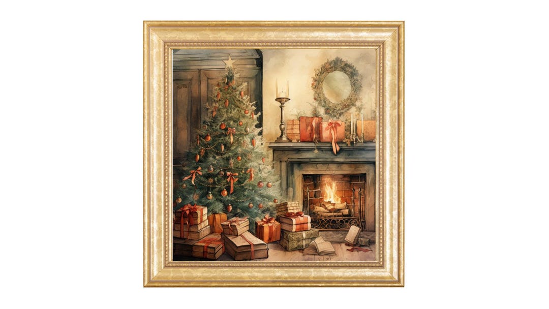Christmas Vintage Fireplace Scene Wall Art, Rustic Printable, Digital ...