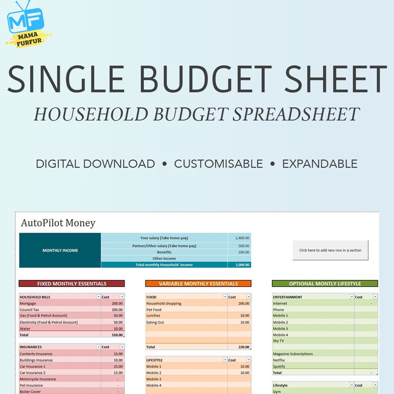 Single Budget Sheet Autopilot Money Financial Goals Office Excel ...