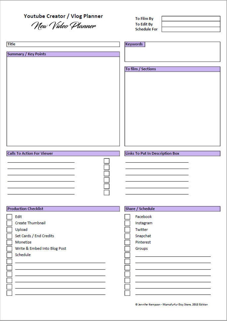 Vlog Youtube Creator Content Planner, Printable Planner, Vlog Organizer ...