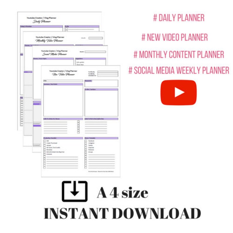 Vlog Youtube Creator Content Planner, Printable Planner, Vlog Organizer ...