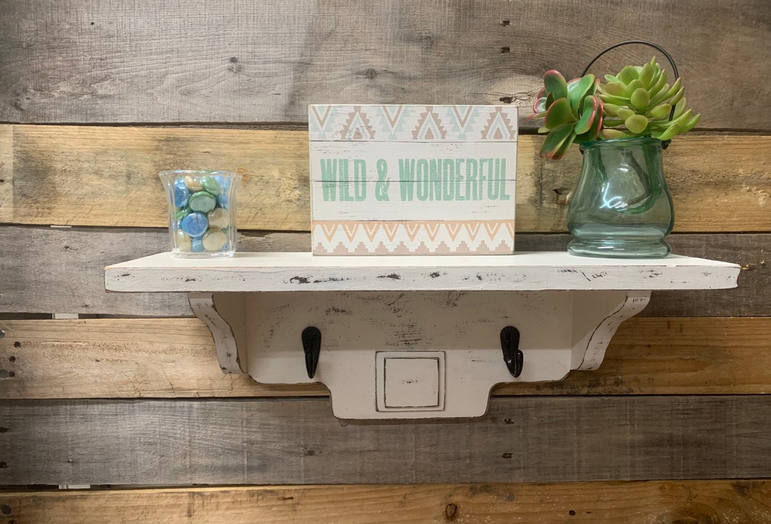 Rustic off White Wall Shelf With Hooks - Etsy