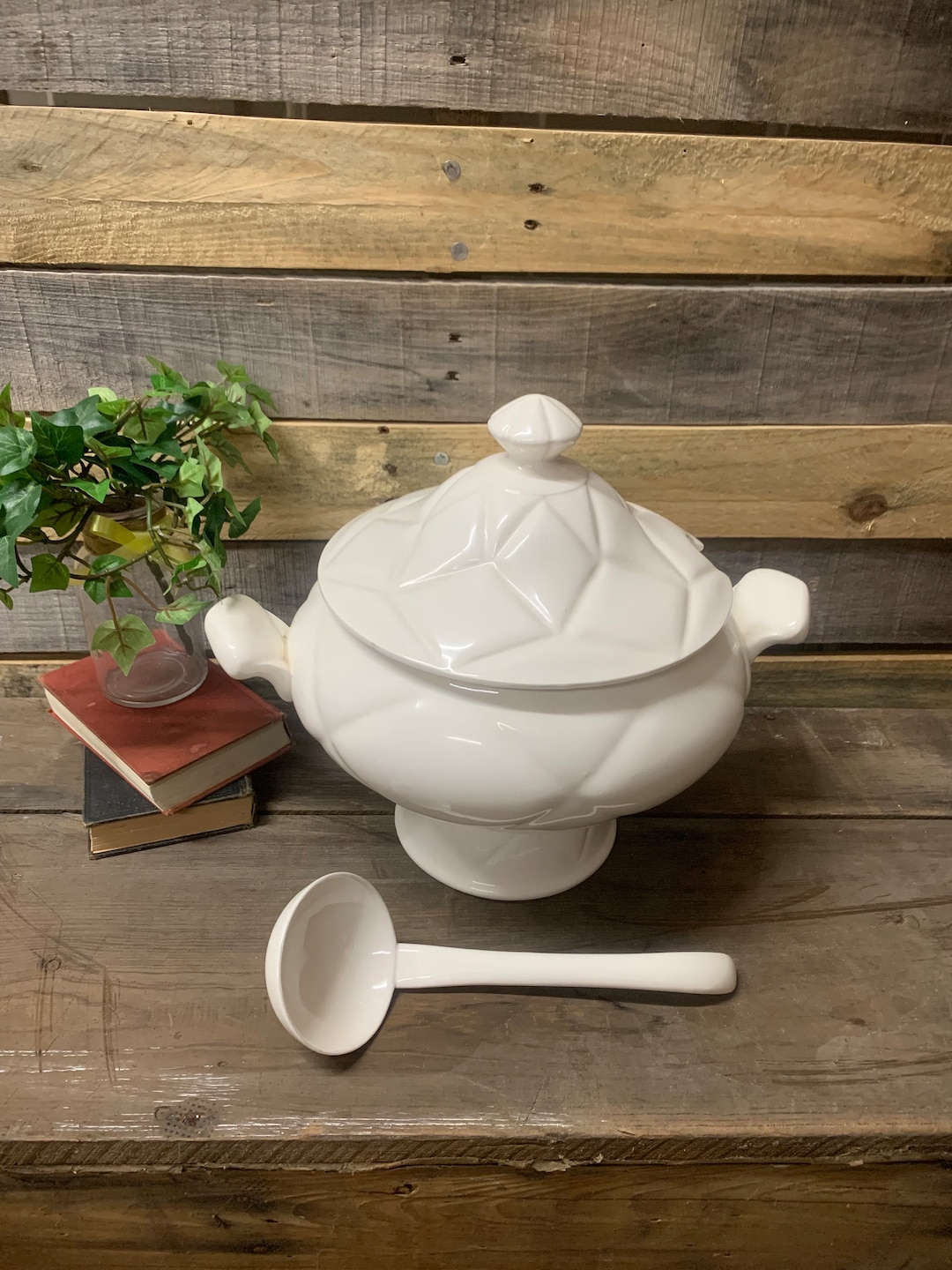Vintage White Soup Terrain With Matching Lid and Soup Ladle - Etsy