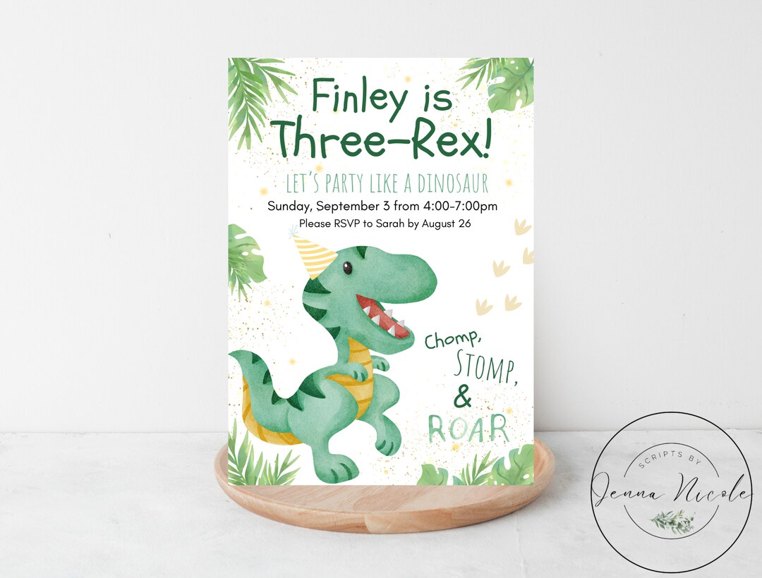 Invitación de cumpleaños de tres Rex, plantilla editable, invitación de ...