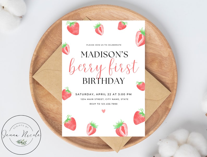 Berry First Birthday Invitation: Strawberry Theme, Editable Template ...