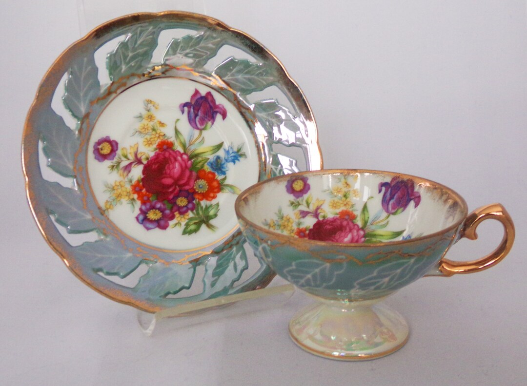 Lusterware Teacup With Saucer Floral/leaves Pattern, Japan Lusterware ...