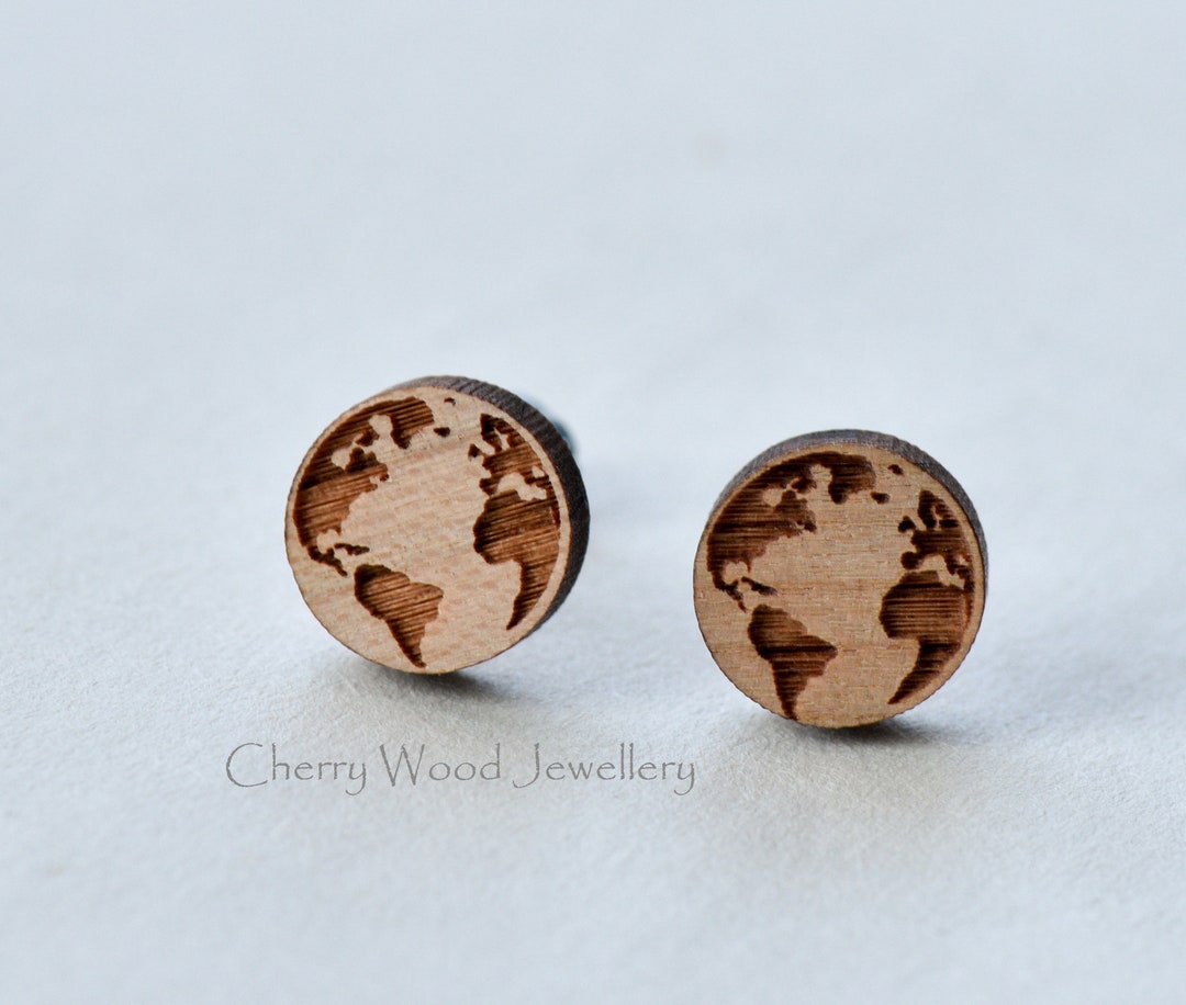 Wood Earth Earrings Planet Ring Stud Earrings Jewellery Gift by Cherry ...