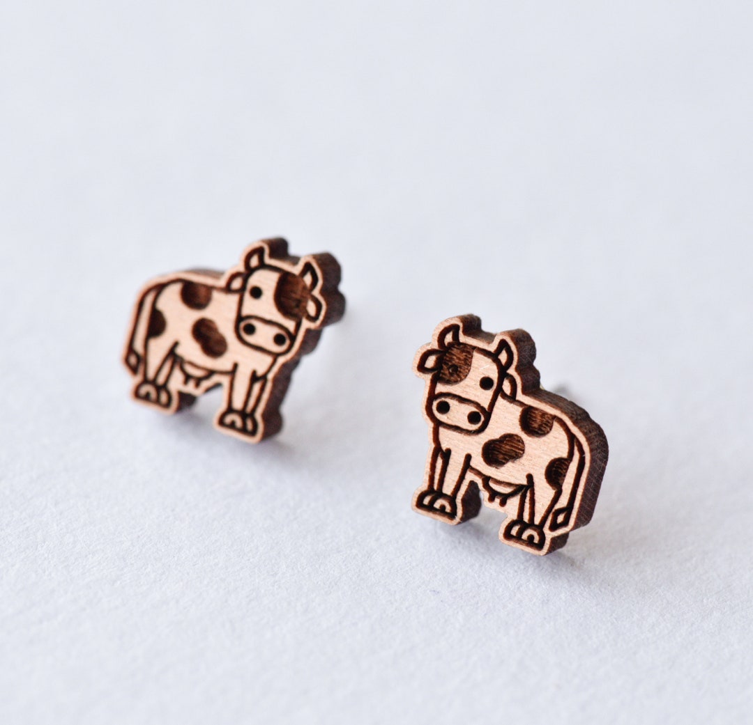 Handmade Cute Cow Earrings Wooden Earrings Farm Animal Stud Earrings - Etsy