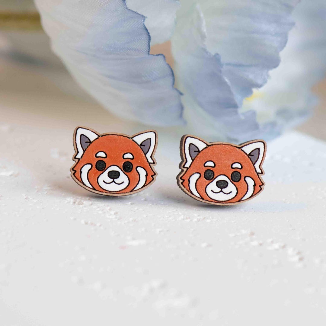 Hand-painted Red Panda Face Wooden Stud Earrings by Robin Valley - Etsy