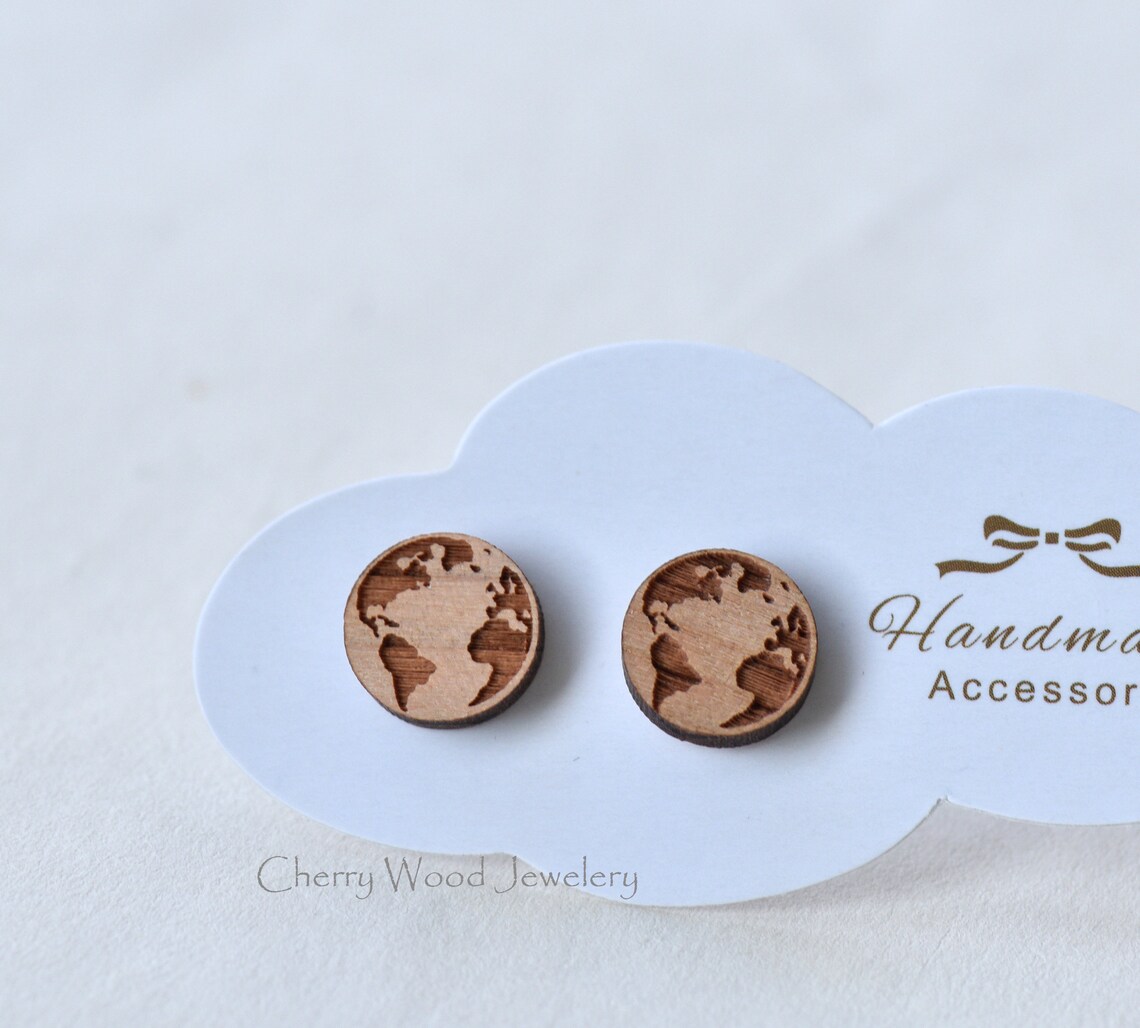 Wood Earth Earrings Planet Ring Stud Earrings Jewellery Gift | Etsy