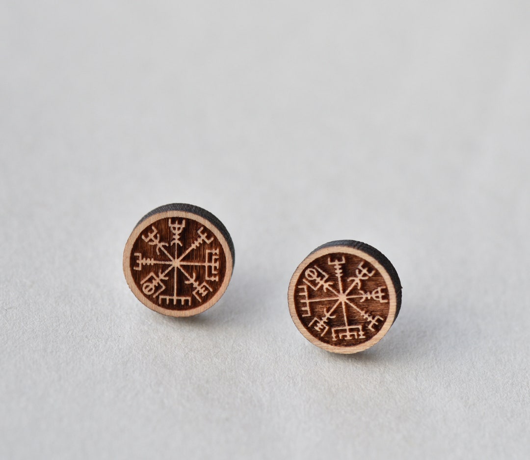 Viking Earrings Wooden Vegvísir Earrings Viking Compass Earrings Symbol ...