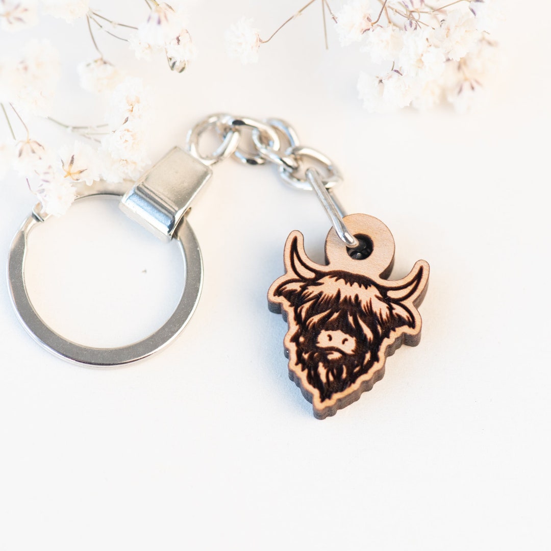 Handmade Wooden Keychain Highland Cow Keychain Womens Mens Keyring Gift ...