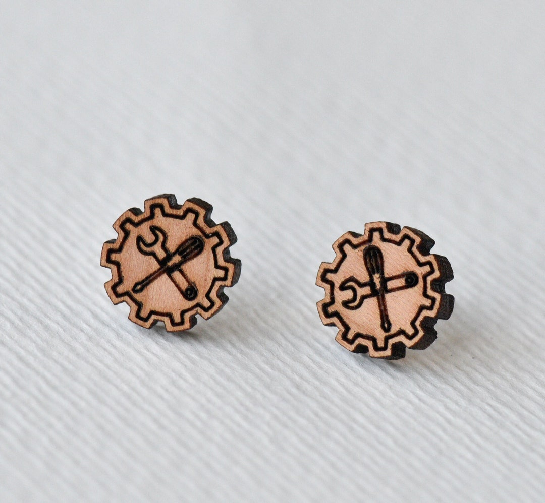Handmade Wrench Screwdriver Gear Earrings Mens Wooden Earrings Mens ...