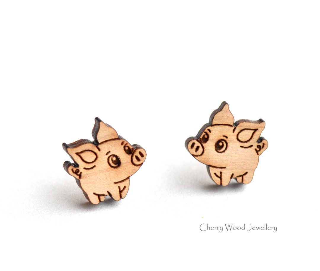 Handmade Super Cute Wood Pig Earrings Stud Earrings by Cherry Wood ...