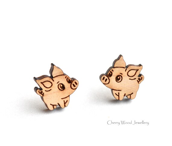 Handmade Super Cute Wood Pig Earrings Stud Earrings by Cherry | Etsy