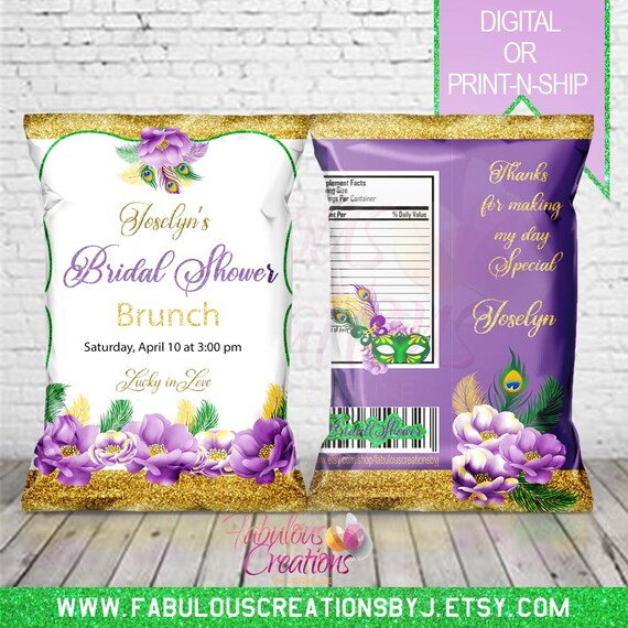 Mardi Gras bridal shower chip bag, Custom Mardi Gras chip bags, Bridal ...