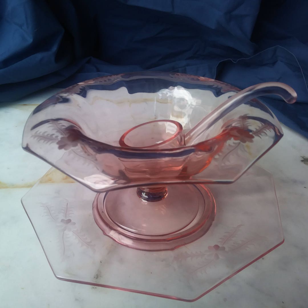Pink DEPRESSION GLASS Decagon Footed Sauce Serving BOWL 3 Piece ...