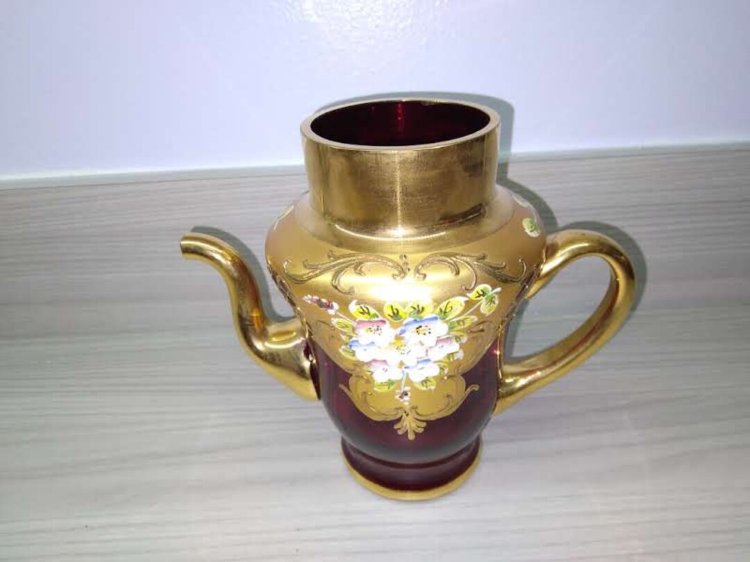 Red Murano Glass Tea Pot Teapot Trefuochi Pattern No Top Lid Flawless 6 ...