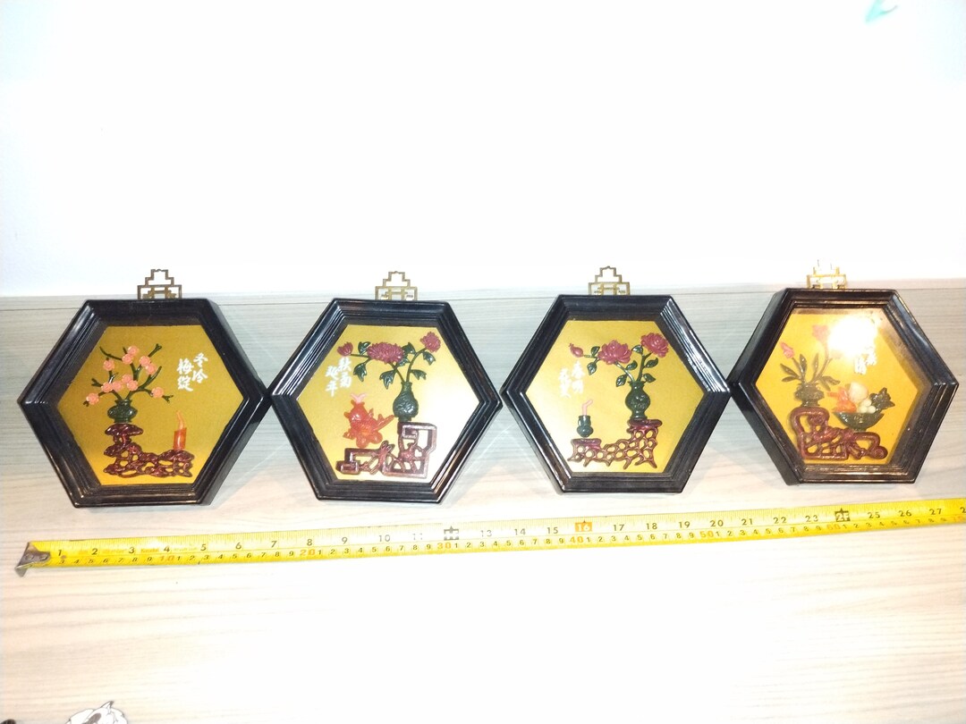 Set of 4 Imitation Jade Wall Plaque Shadowbox 4 Seasons Flawless ...