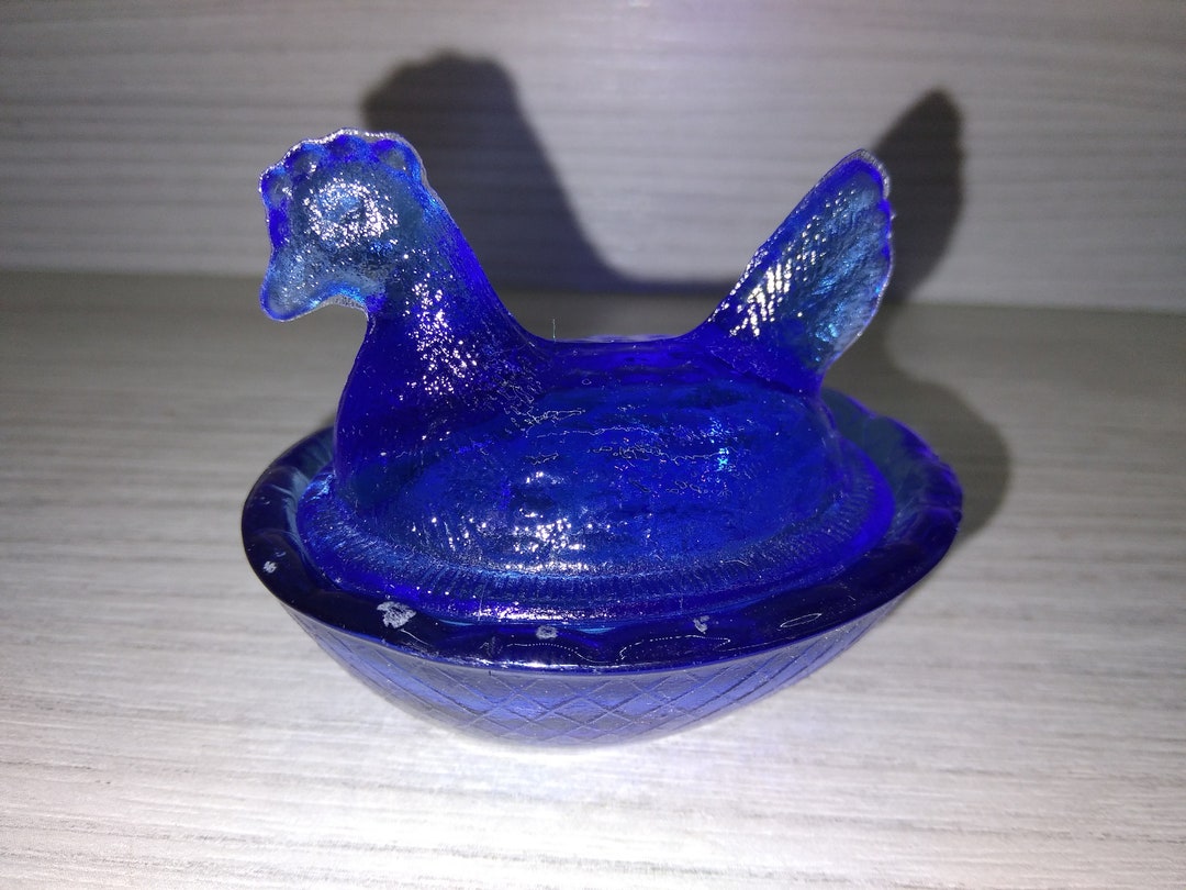 Vintage Depression Glass Hen on Nest Salt Cellar, Dip, Dish, Cobalt ...