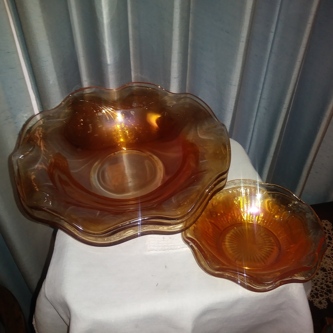 5 Iridescent FLORAGOLD DEPRESSION GLASS Serving Bowls Floral Pattern ...