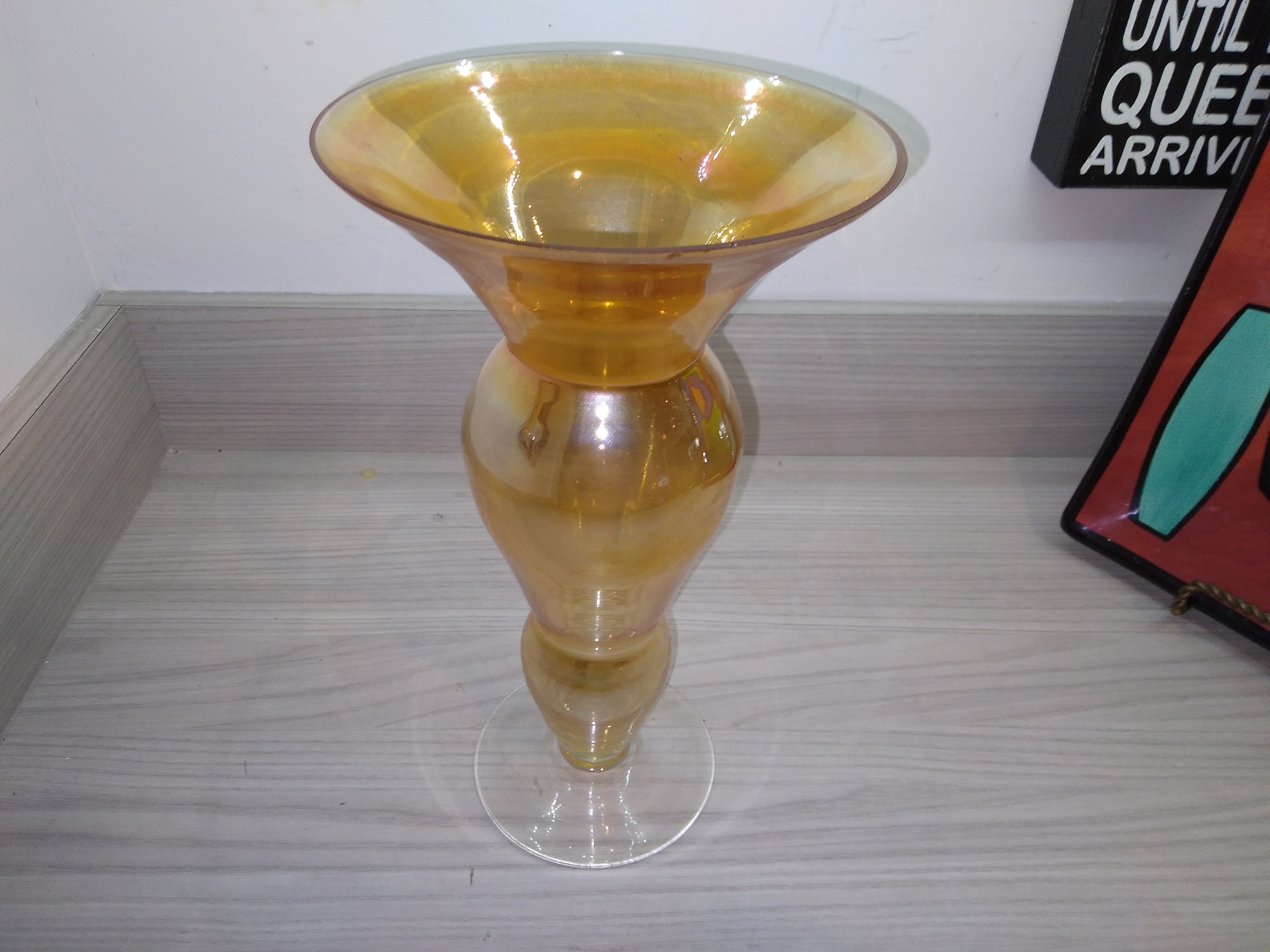 Amber Yellow Iridescent GLASS Fluted VASE 11" Flawless Art Glass Unique ...