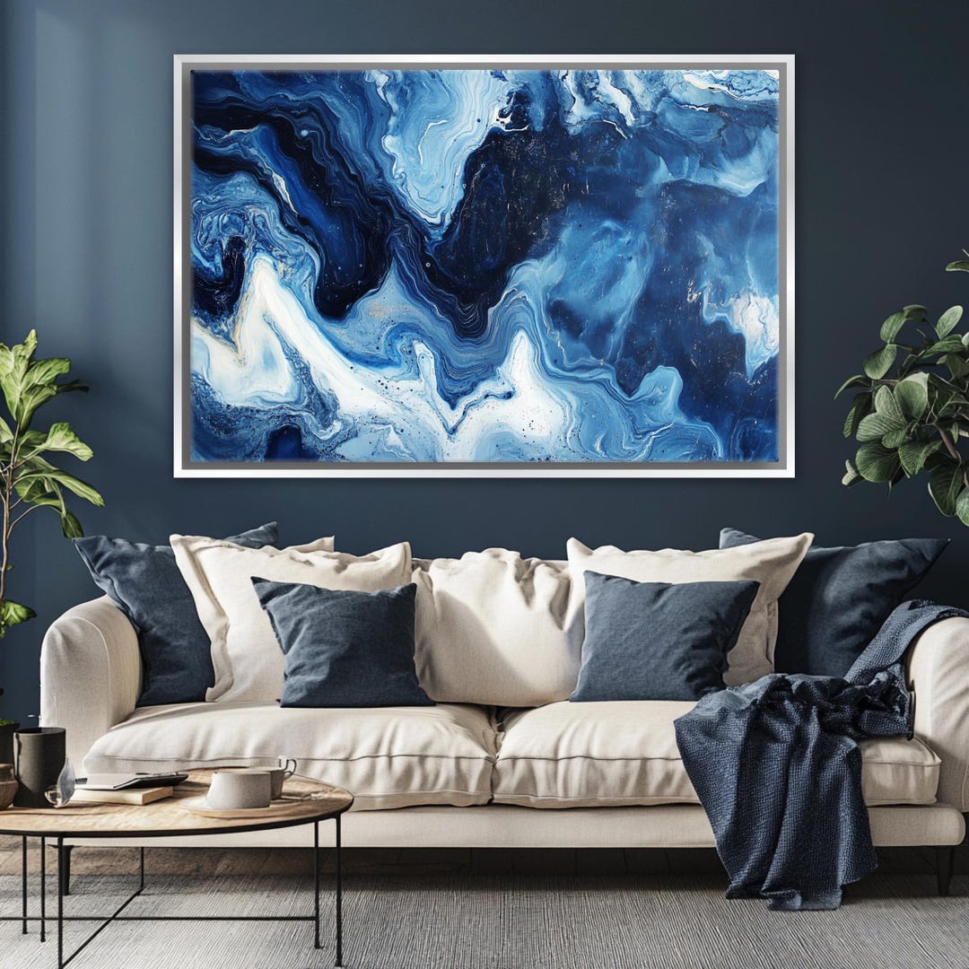 Navy Blue Hues Marble Abstract Wall Art Canvas Print, Framed or ...