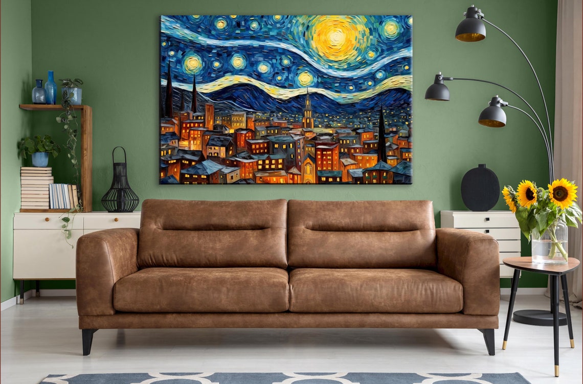 Modern Starry Night Wall Art, Van Gogh Inspired Canvas Print, Colorful ...